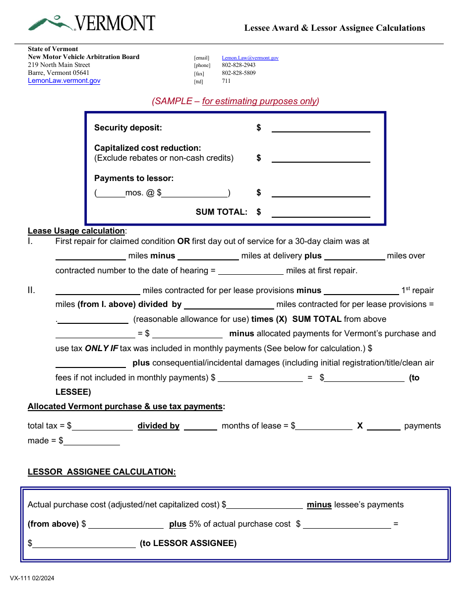 Form VX-111 Download Fillable PDF or Fill Online Lessee Award and ...
