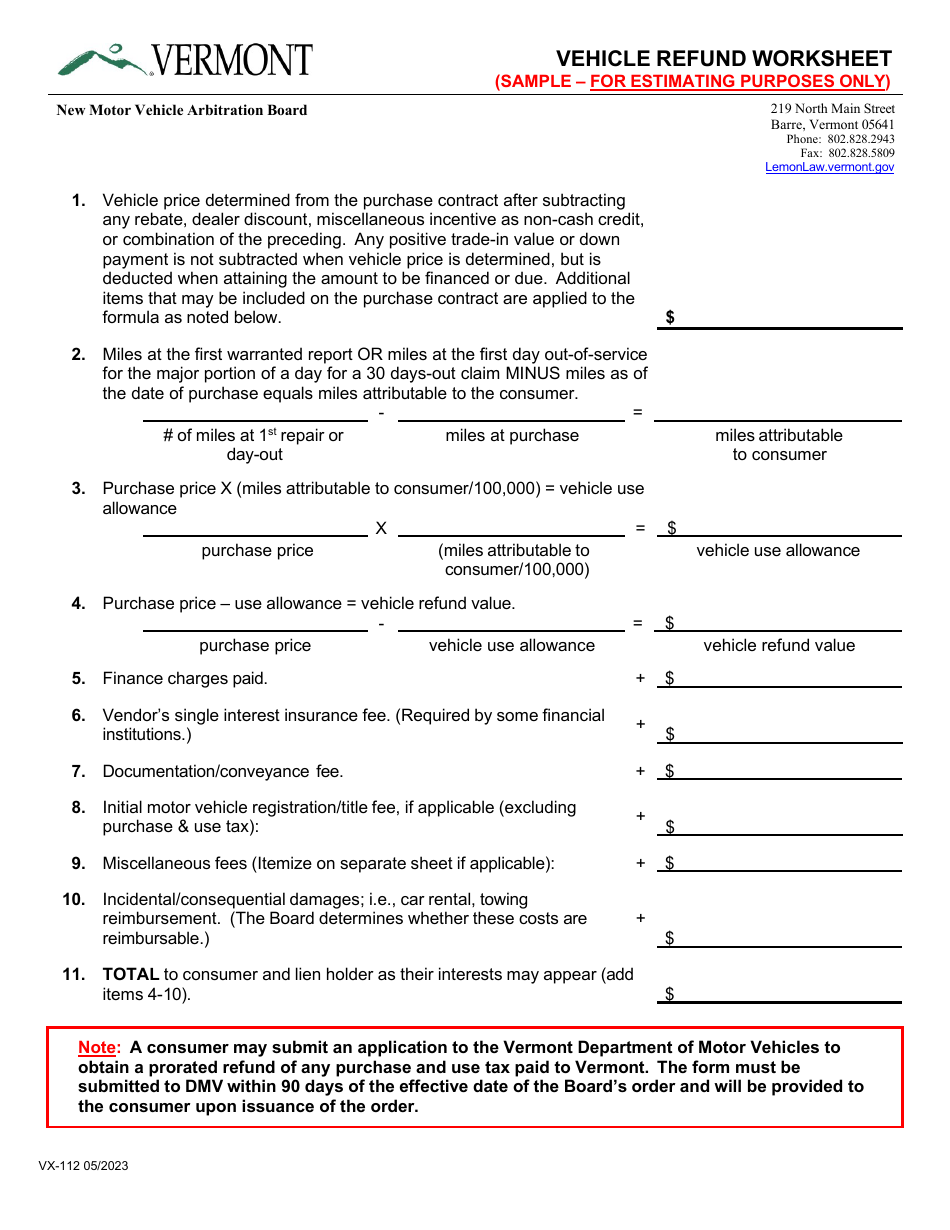 Form VX-112 - Fill Out, Sign Online and Download Fillable PDF, Vermont ...
