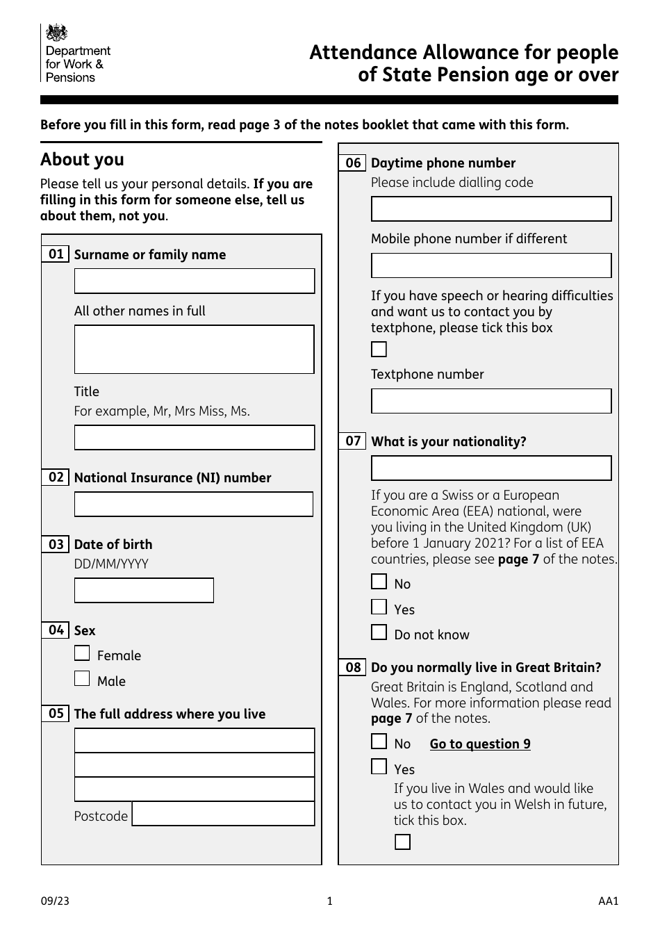 Form AA1 Download Fillable PDF or Fill Online Attendance Allowance for People of State Pension ...