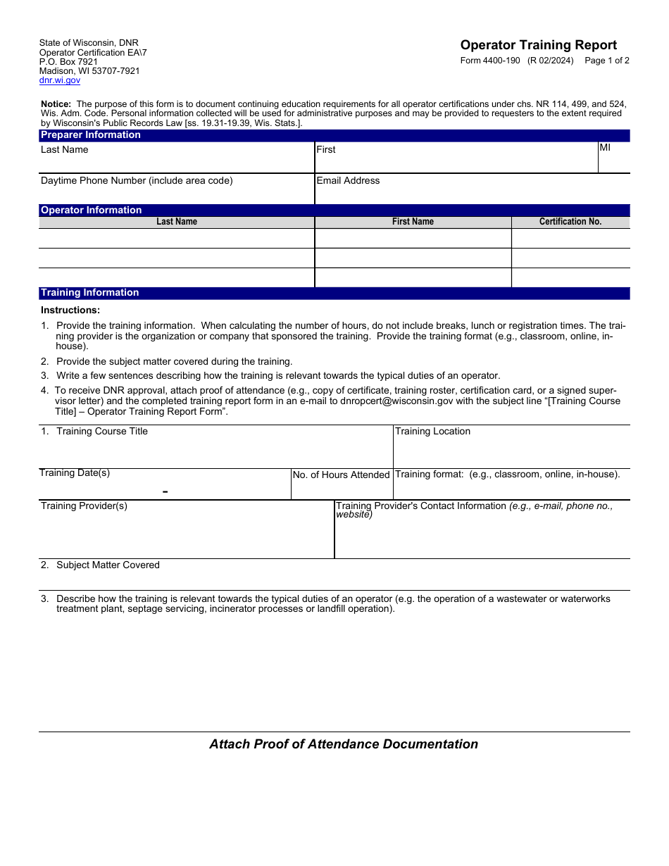 Form 4400-190 Download Fillable PDF or Fill Online Operator Training ...