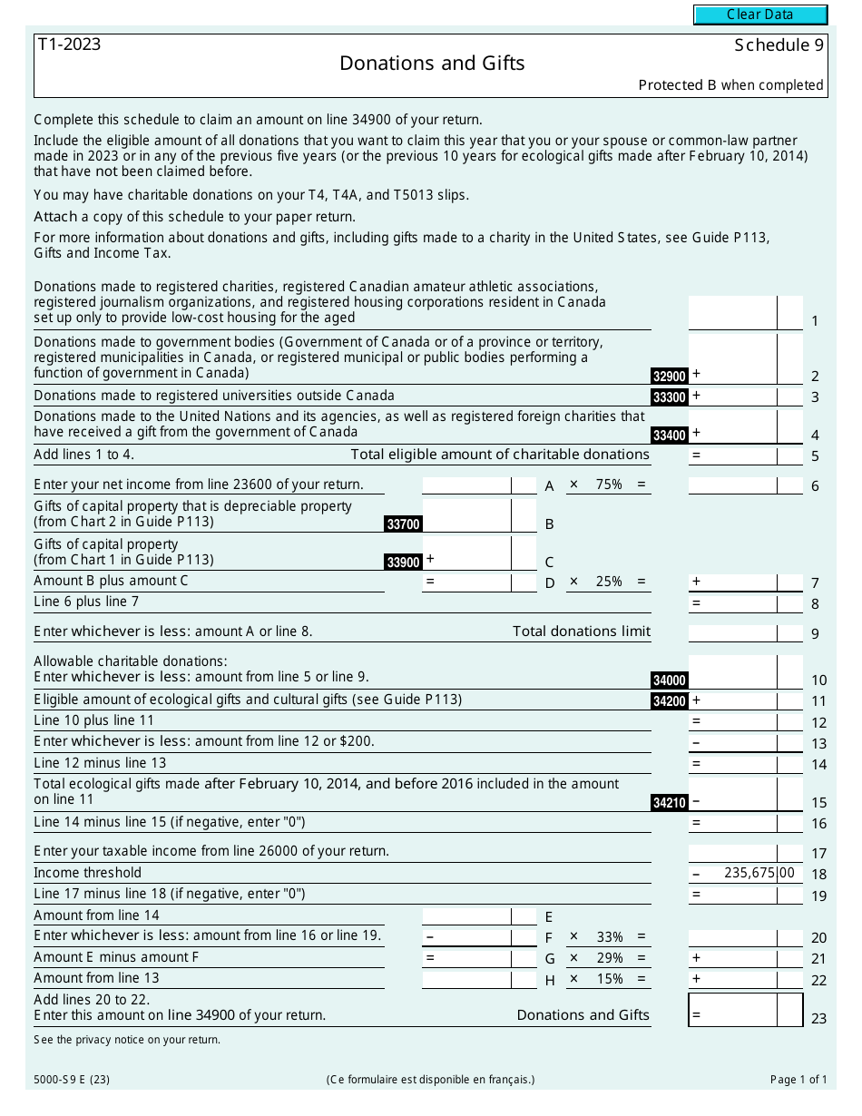 Form T1 (5000-S9) Schedule 9 Download Fillable PDF or Fill Online ...