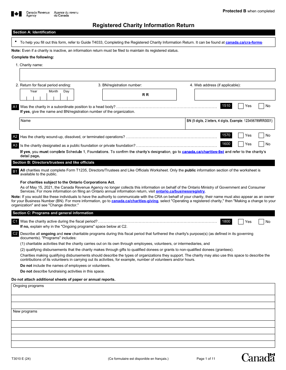 Form T3010 Download Fillable PDF or Fill Online Registered Charity Information Return, Canada ...