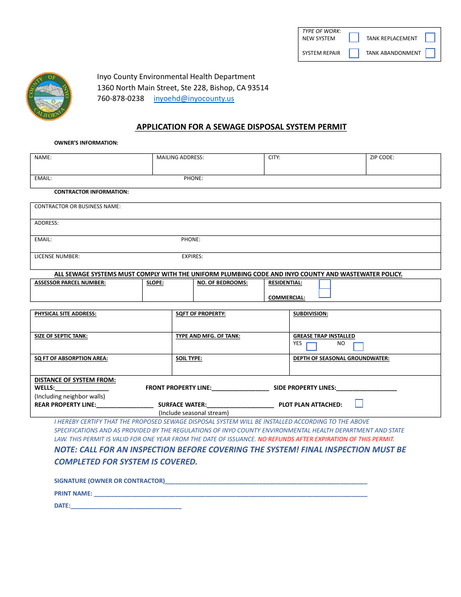 Inyo County, California Application for a Sewage Disposal System Permit ...