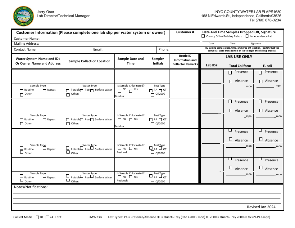 Inyo County, California Water Lab Slip - Fill Out, Sign Online and ...
