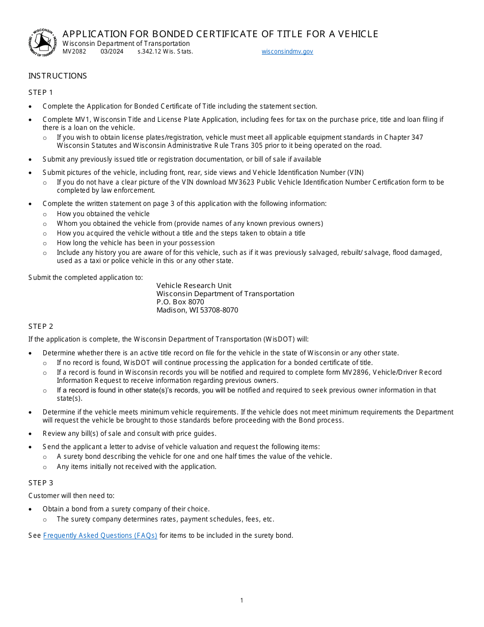 Form MV2082 Download Fillable PDF or Fill Online Application for Bonded ...