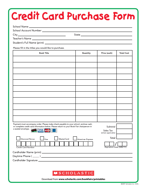Credit Card Purchase Form - Scholastic Download Printable PDF ...