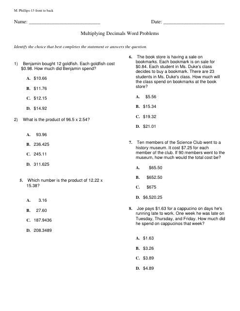 Multiplying Decimals Word Problems Worksheet With Answer Key Download 