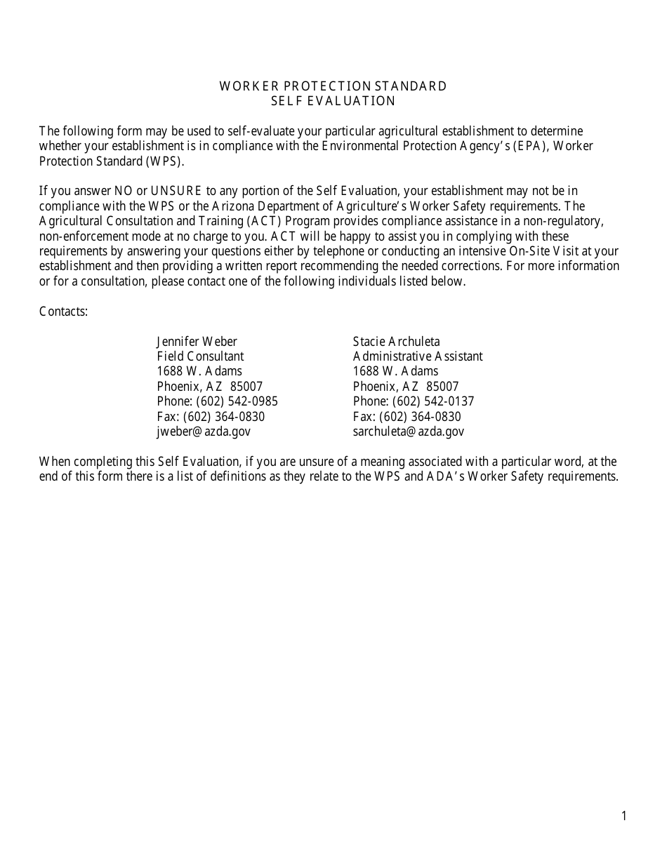 Arizona Worker Protection Standard Self Evaluation Checklist Form ...