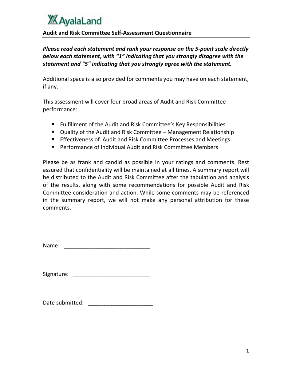 Philippines Audit and Risk Committee Self-assessment Questionnaire Form - Ayalaland - Fill Out ...