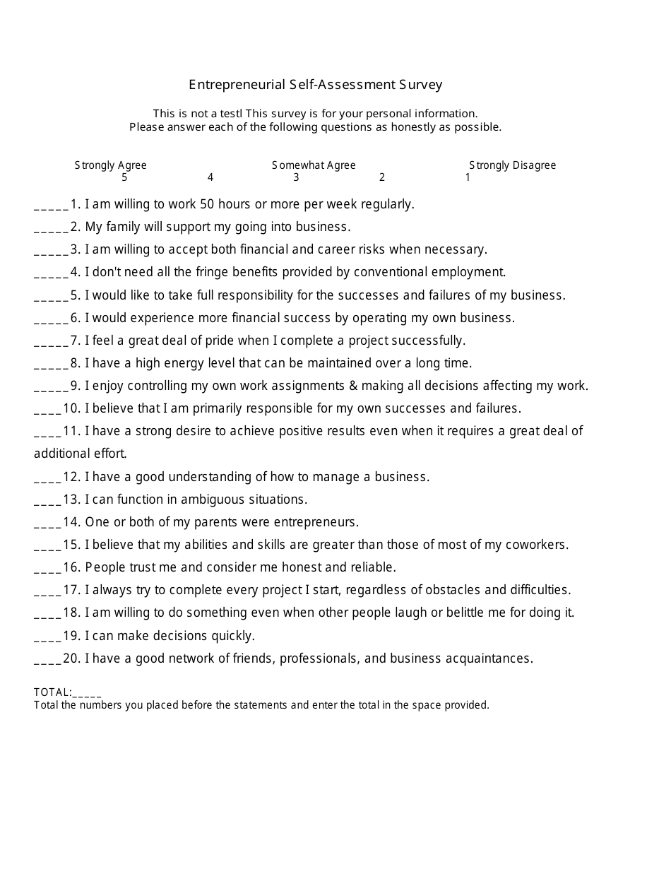 Entrepreneurial Self-assessment Survey Quiz Template Download Printable ...
