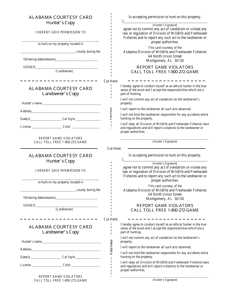 Alabama Hunter Courtesy Card - Fill Out, Sign Online and Download PDF ...