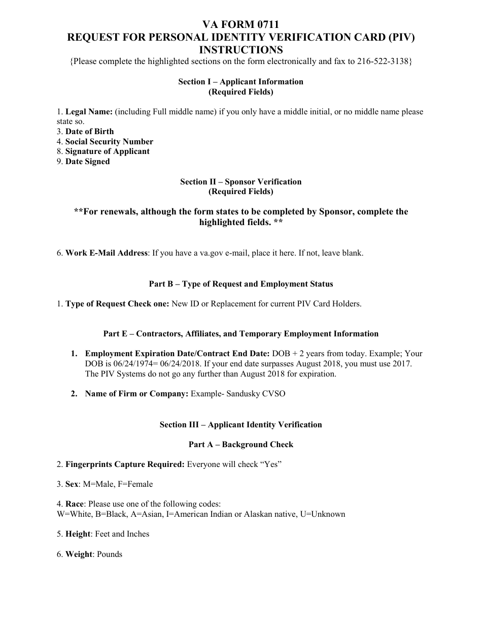 Download Instructions for VA Form 0711 Request for Personal Identity ...