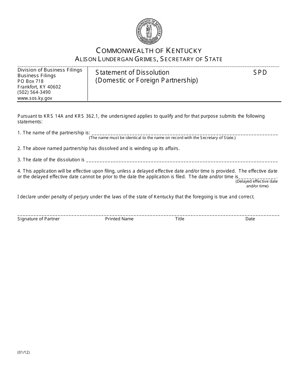 Form SPD Download Fillable PDF or Fill Online Statement of Partnership Dissolution (Domestic or ...