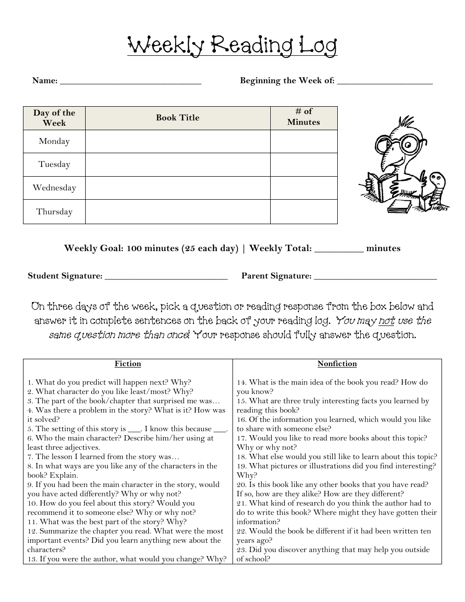 Weekly Reading Log Worksheet Download Printable PDF | Templateroller