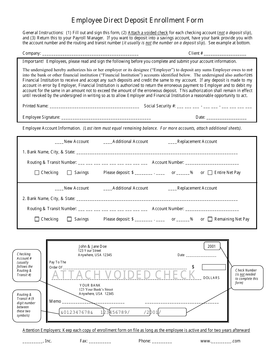 Employee Direct Deposit Enrollment Form With Example Fill Out Sign 
