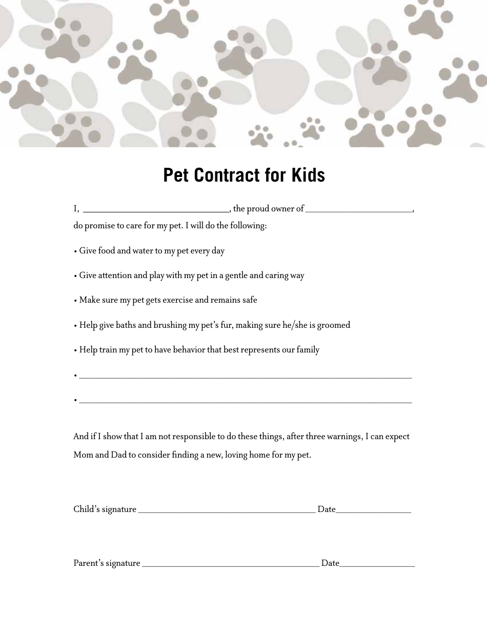 Pet Contract Template For Kids Fill Out Sign Online And Download PDF 