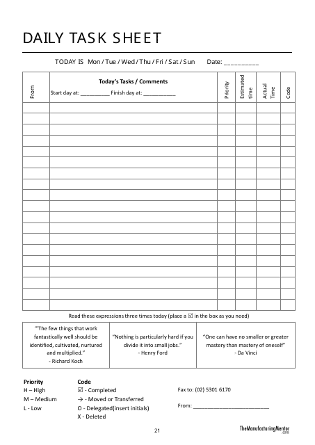 Daily Task Sheet Template Download Printable PDF Templateroller
