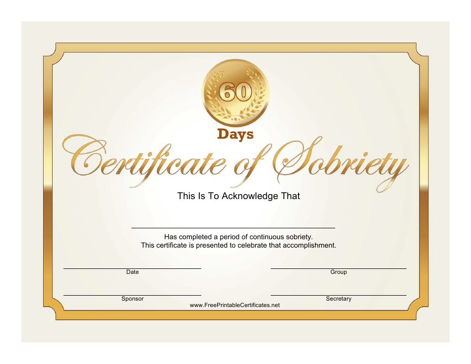 Golden 60 Days Sobriety Certificate Template Download Printable PDF ...