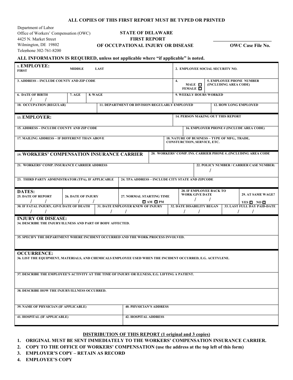 Delaware First Report of Occupational Injury or Disease - Fill Out ...
