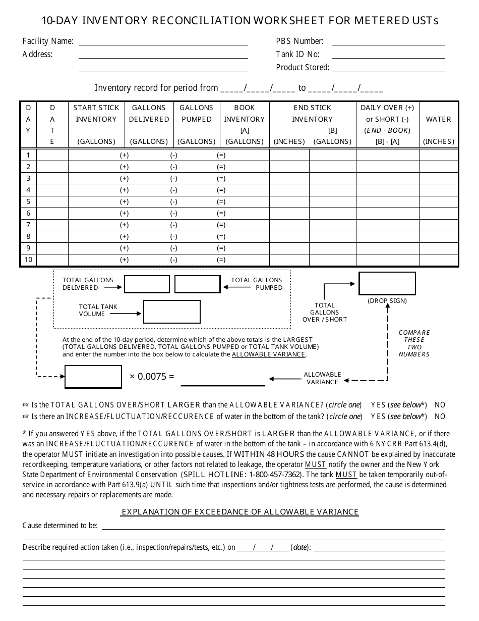 New York 10-day Inventory Reconciliation Spreadsheet for Metered Usts ...