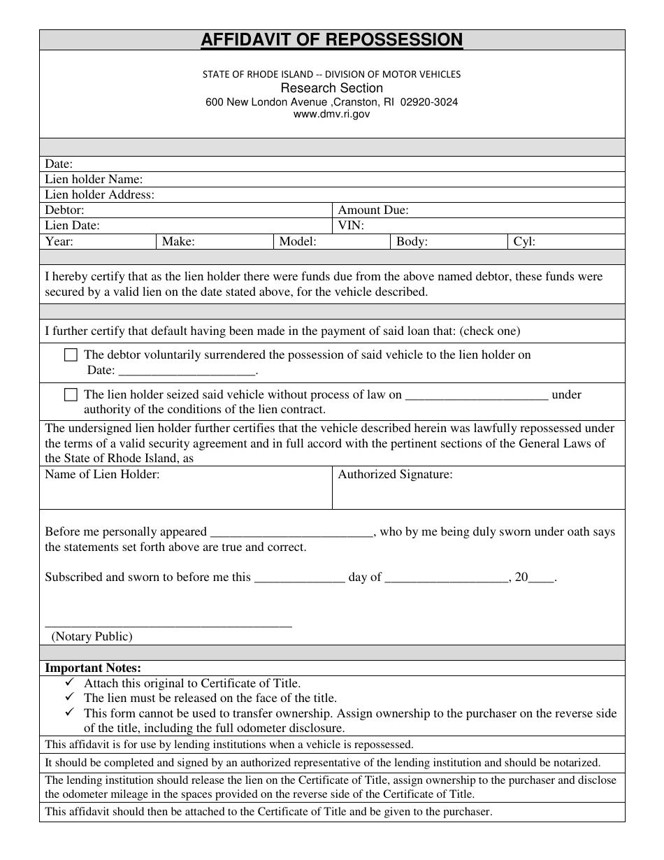 Rhode Island Affidavit of Repossession - Fill Out, Sign Online and ...