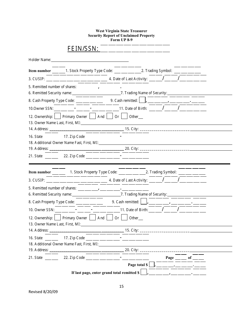 Form UP8-9 - Fill Out, Sign Online and Download Fillable PDF, West ...