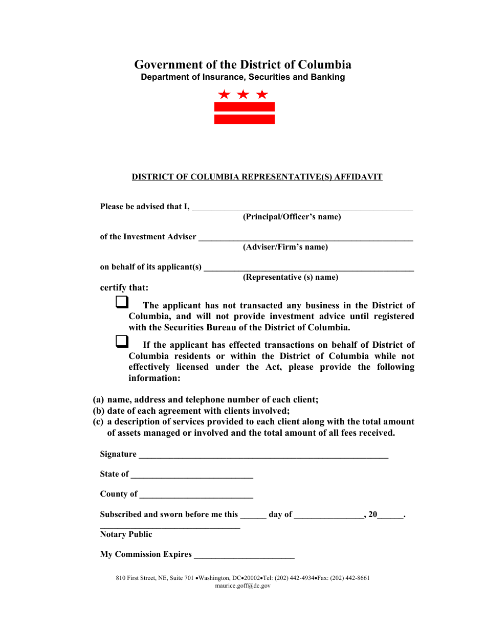 Washington, D.C. District of Columbia Representative(S) Affidavit Form ...