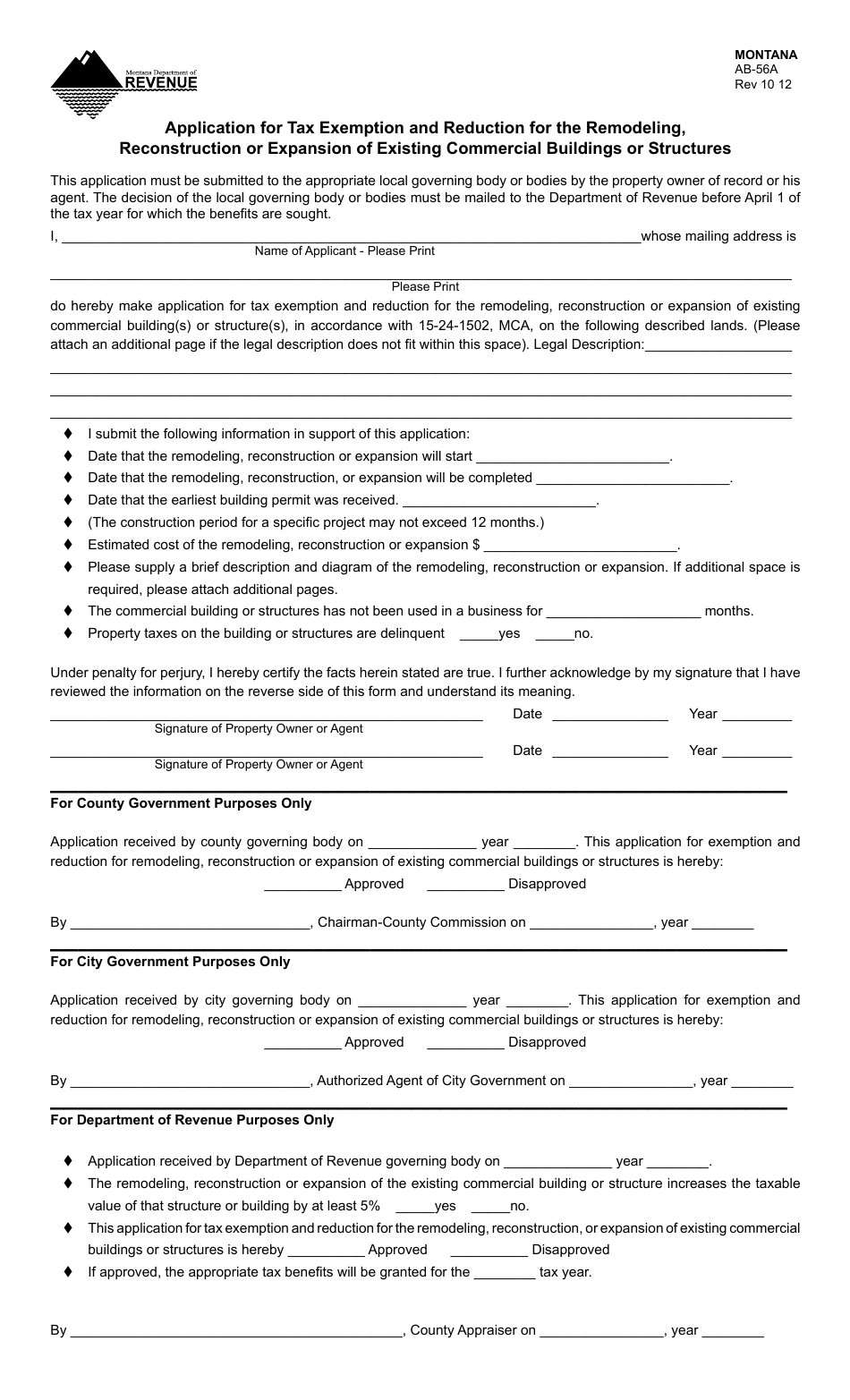 Form AB-56A - Fill Out, Sign Online and Download Printable PDF, Montana ...