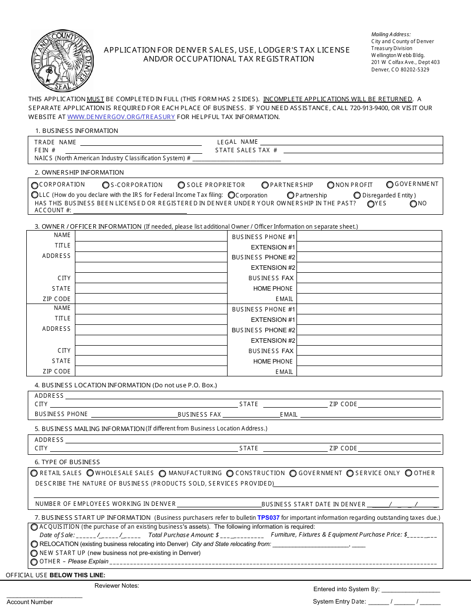 City and County of Denver, Colorado Application for Denver Sales, Use ...
