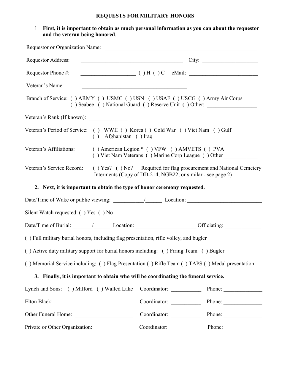 Requests for Military Honors Download Printable PDF | Templateroller