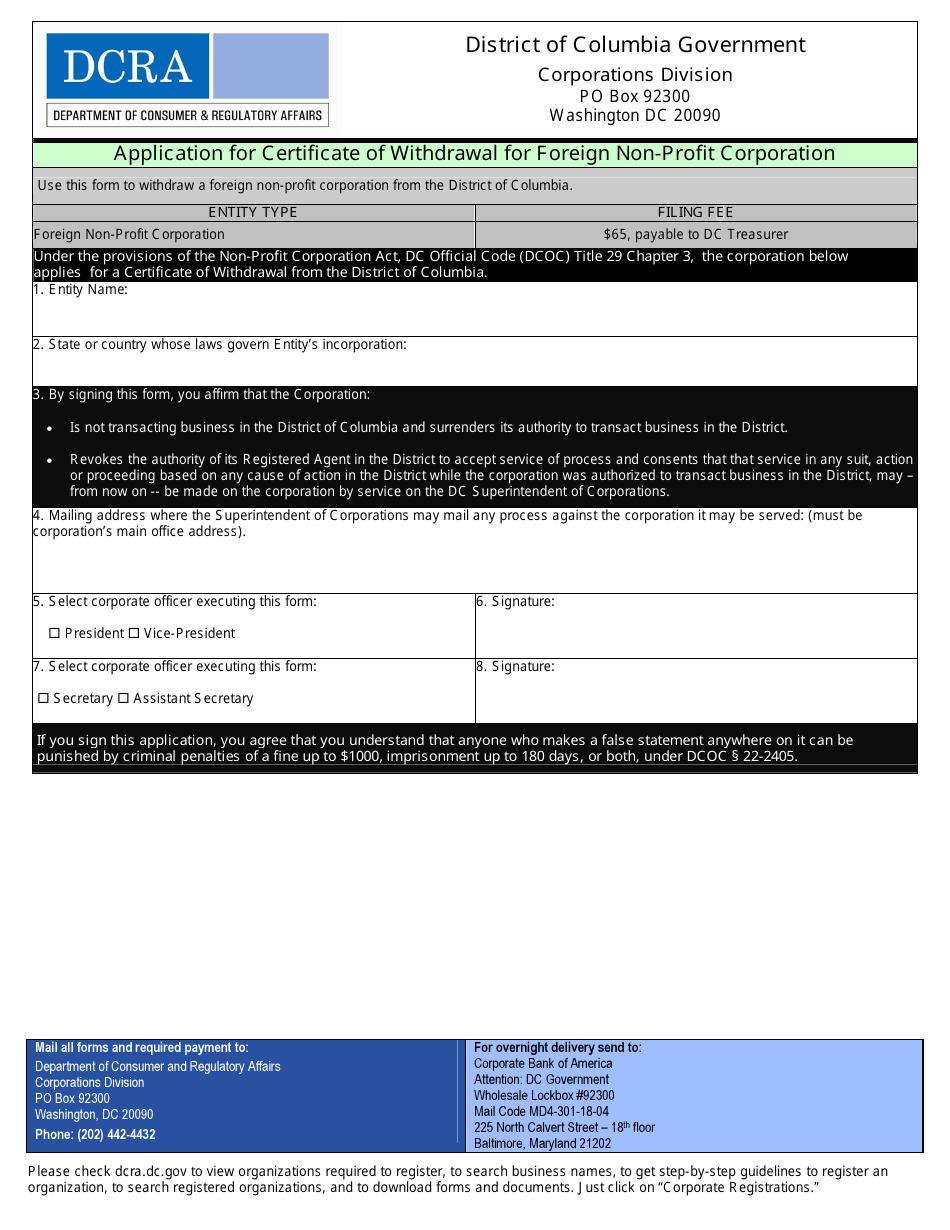 Washington, D.C. Application for Certificate of Withdrawal for Foreign Non-profit Corporation ...