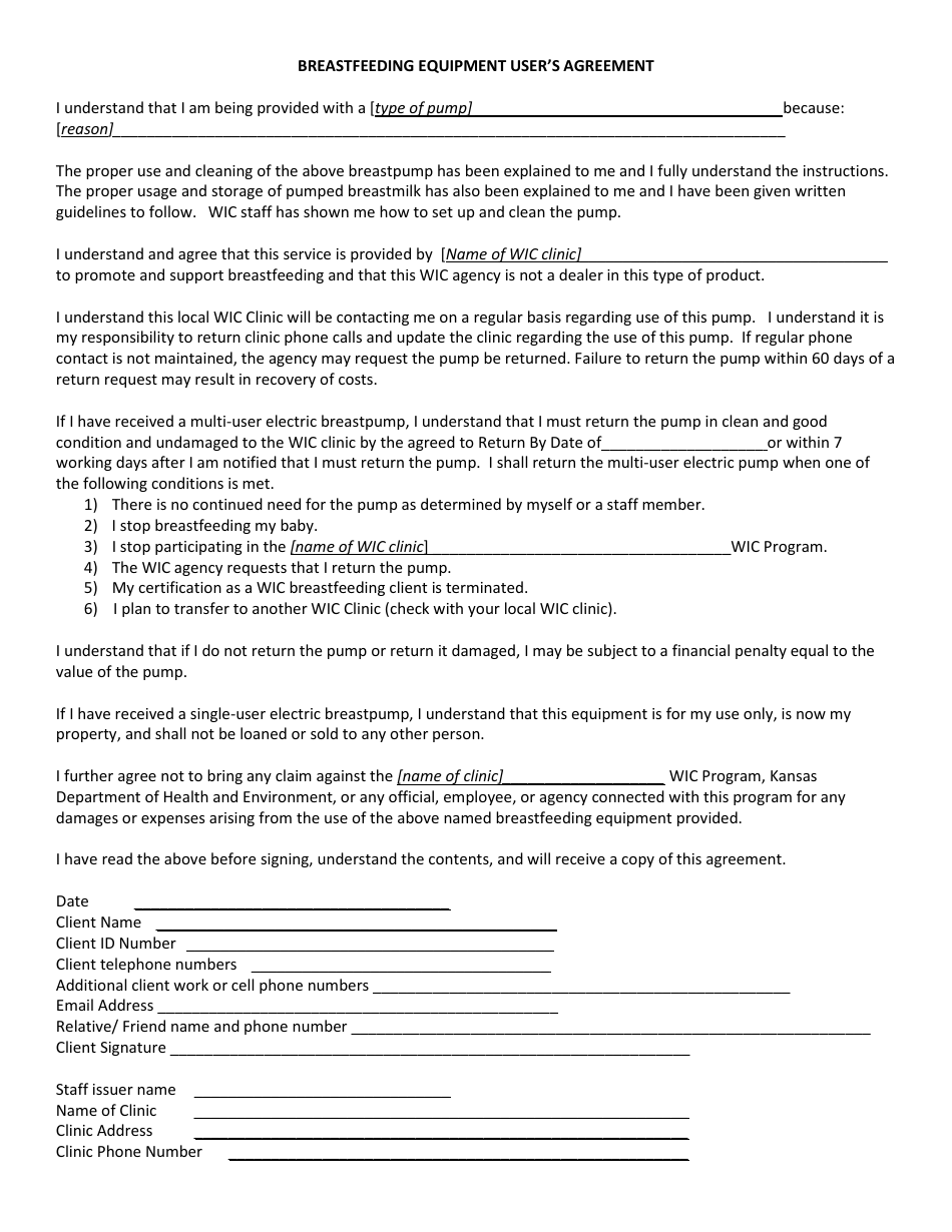 Kansas Breastfeeding Equipment User's Agreement Form - Wic Program ...