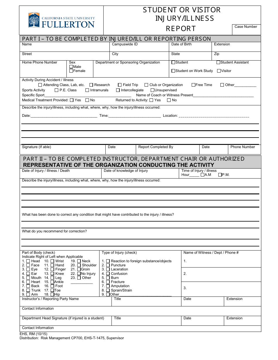 Student or Visitor Injury/Illness Report Template - California State ...