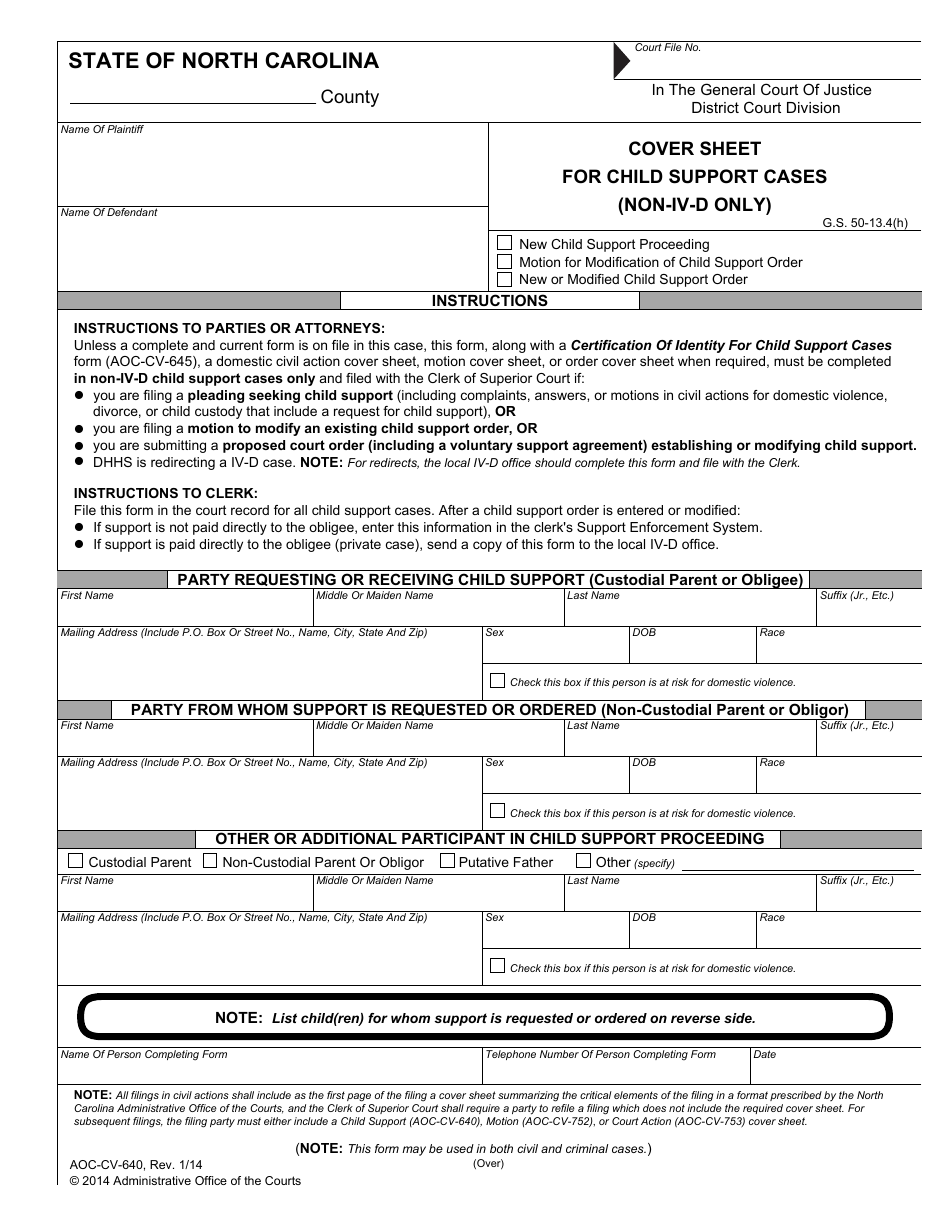 Form AOC-CV-640 Download Fillable PDF or Fill Online Cover Sheet for ...