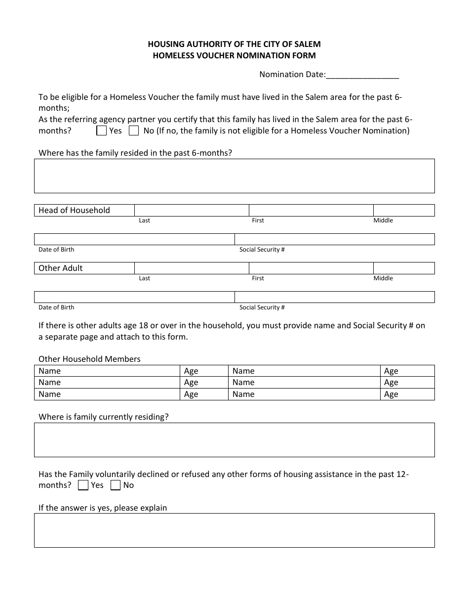 Salem, Oregon Homeless Voucher Nomination Form - Fill Out, Sign Online ...