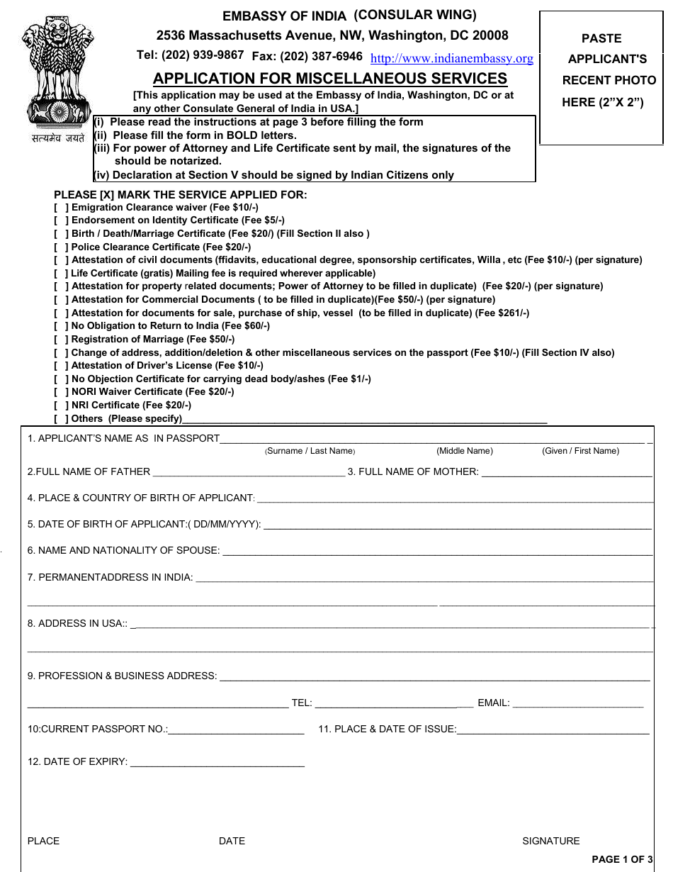 Washington, D.C. Application for Miscellaneous Services - Embassy of India - Fill Out, Sign ...