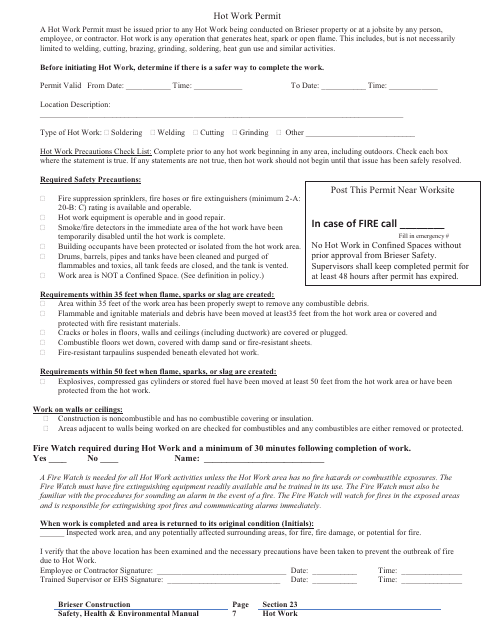 Hot Work Permit Form Download Printable PDF | Templateroller