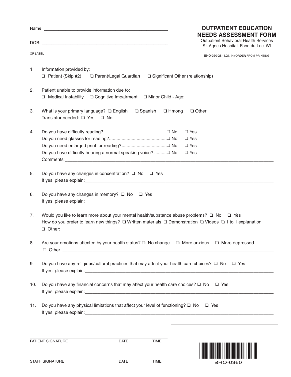 Education Needs Assessment Form - Outpatient Behavioral Health Services - Fill Out, Sign Online ...