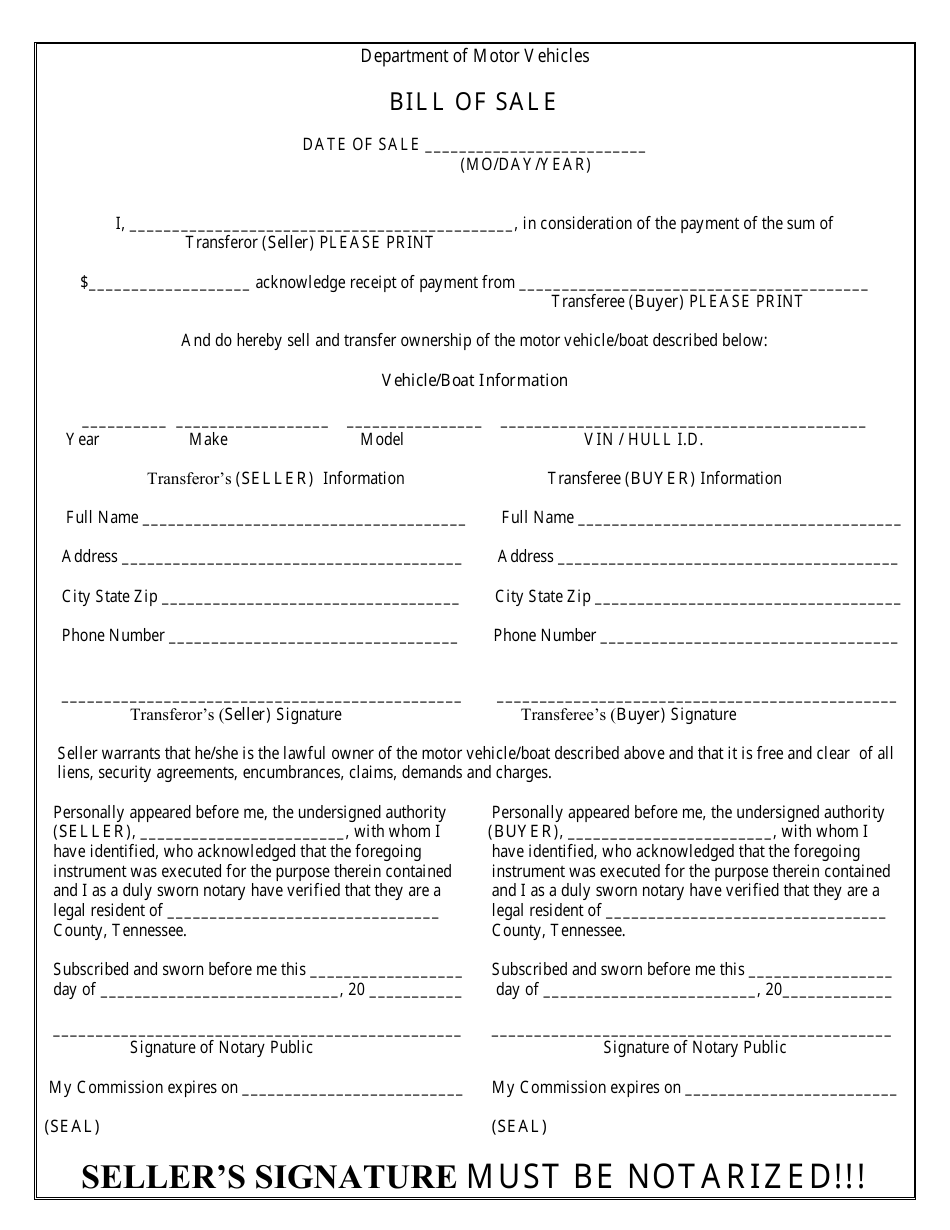 Printable Vehicle Bill Of Sale Tn