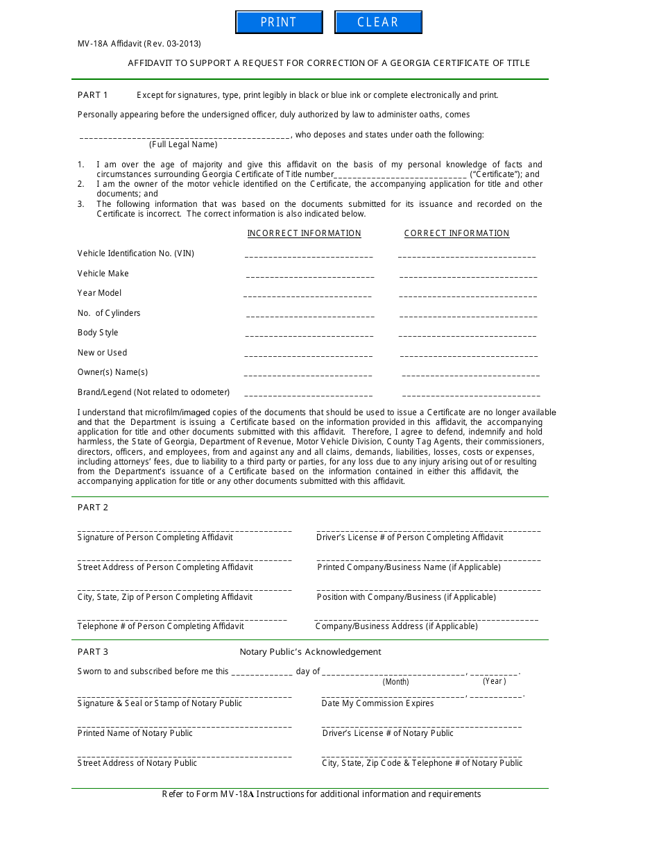 Form MV-18A - Fill Out, Sign Online and Download Fillable PDF, Georgia ...