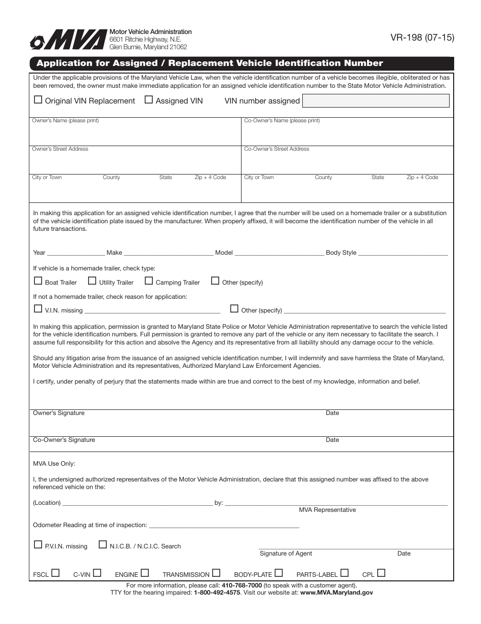 Form VR-198 - Fill Out, Sign Online and Download Fillable PDF, Maryland ...