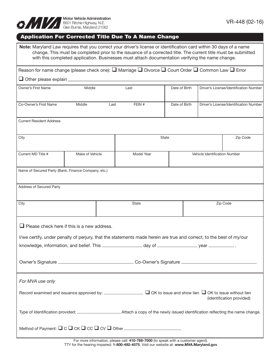 Form VR-448 - Fill Out, Sign Online and Download Fillable PDF, Maryland ...