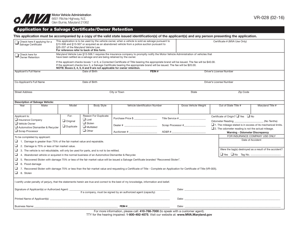 Form VR-028 - Fill Out, Sign Online and Download Fillable PDF, Maryland ...