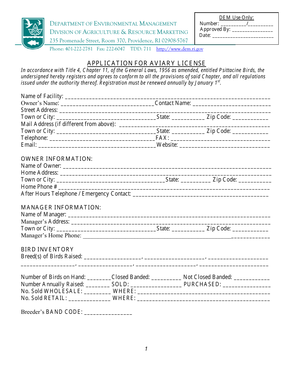Rhode Island Application for Aviary License - Fill Out, Sign Online and ...