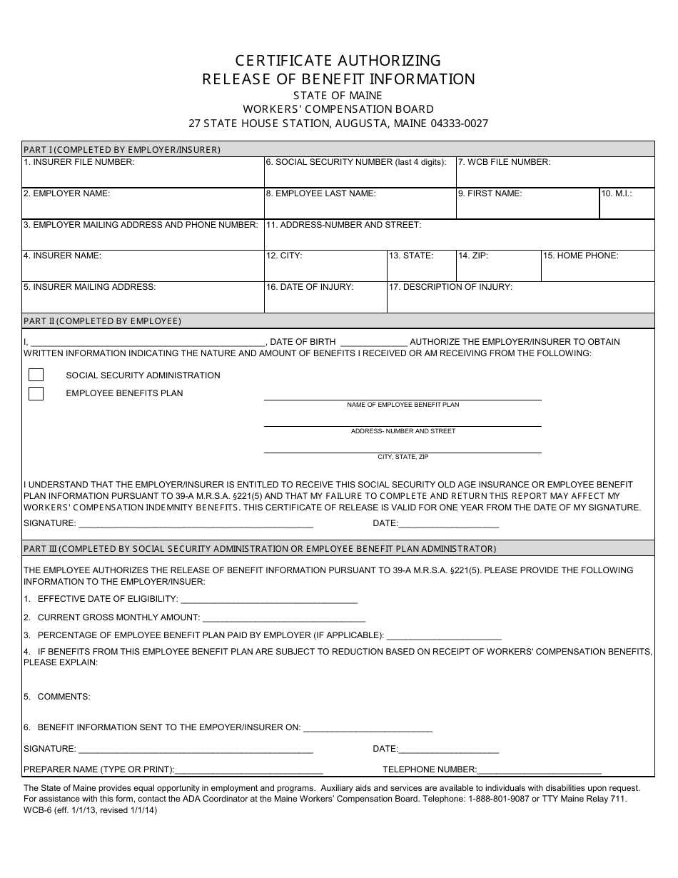 Form WCB-6 - Fill Out, Sign Online and Download Fillable PDF, Maine ...