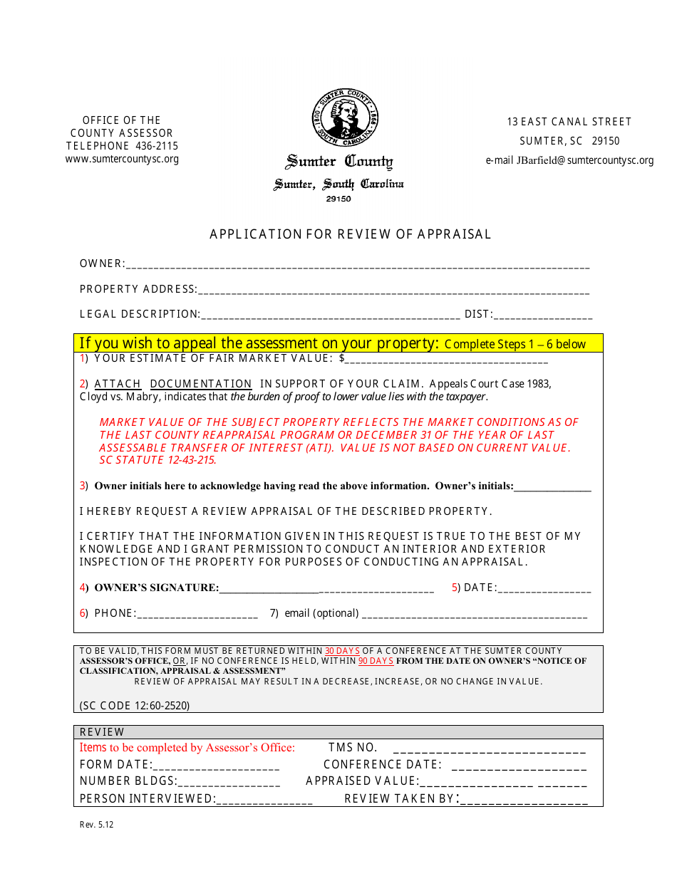 Sumter County, South Carolina Application for Review of Appraisal ...
