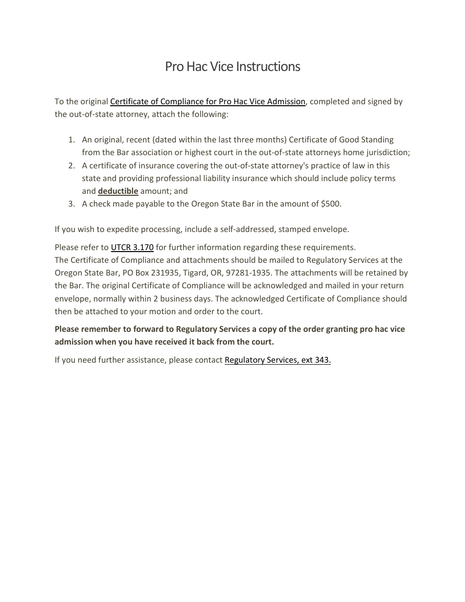 Oregon Certificate of Compliance for Pro Hac Vice Admission - Fill Out ...