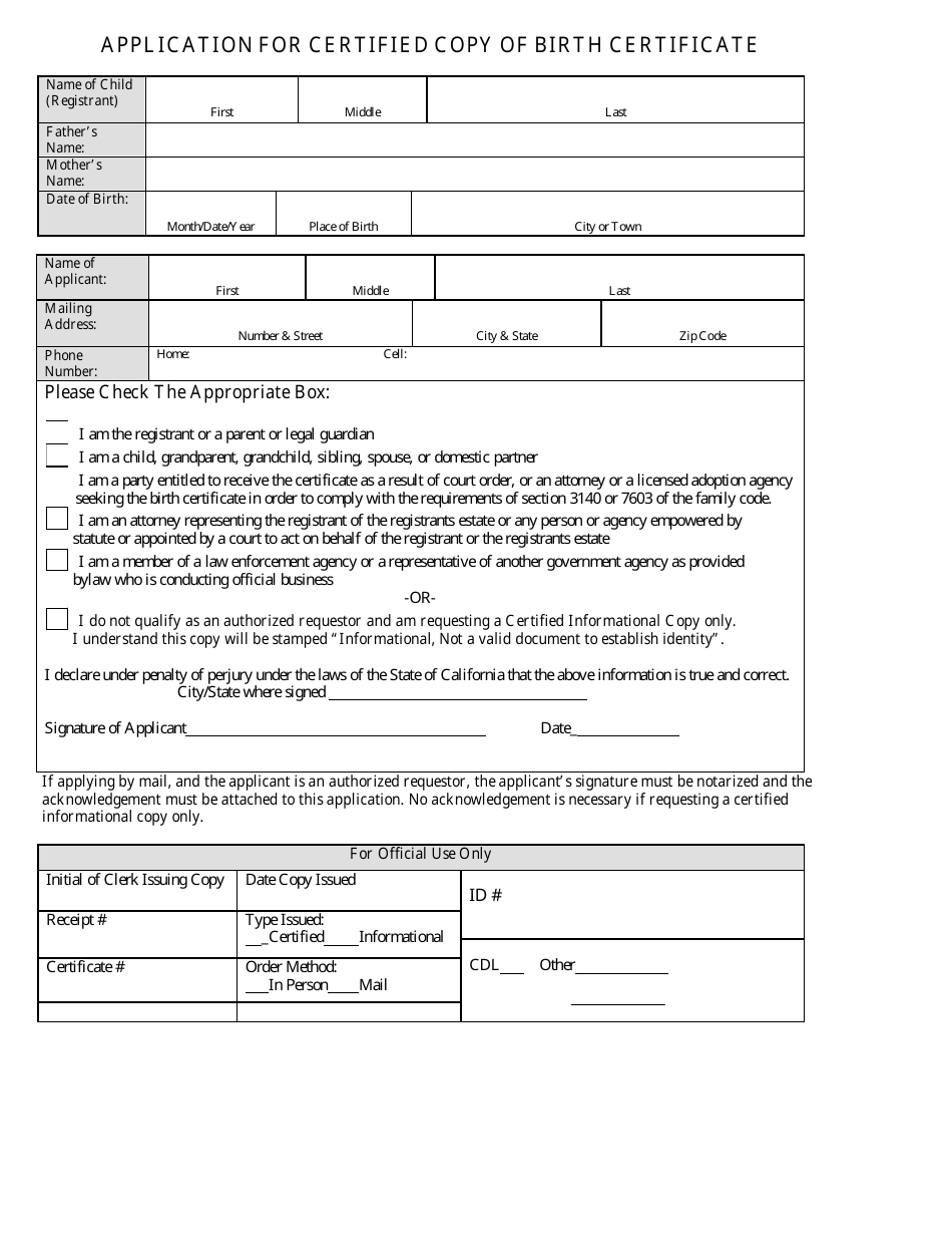 California Application For Certified Copy Of Birth Certificate Fill 
