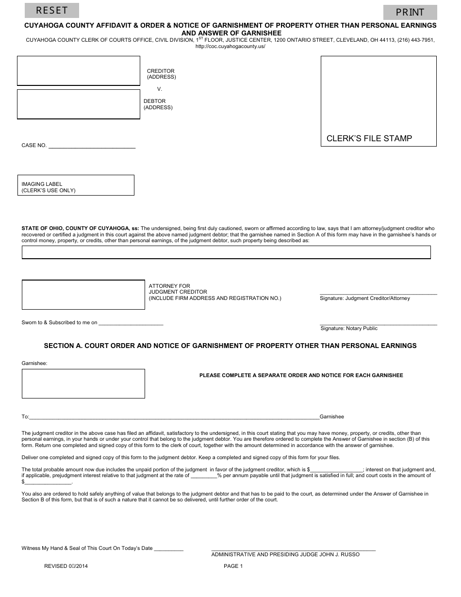 CUYAHOGA COUNTY, Ohio Affidavit, Order, and Notice of Garnishment of ...