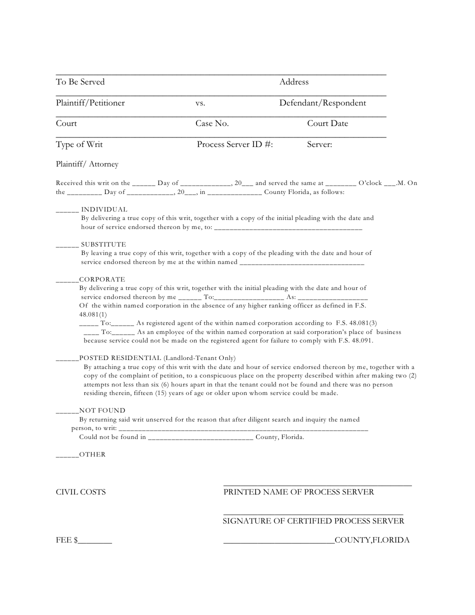 Florida Process Server Return of Service Form - Fill Out, Sign Online ...